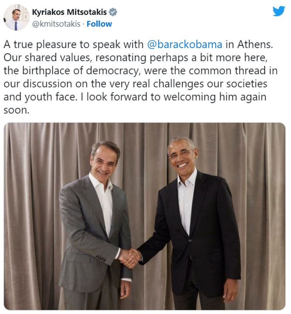 Kiryakos Miçotakis, Barack Obama ile Atina'da görüştü